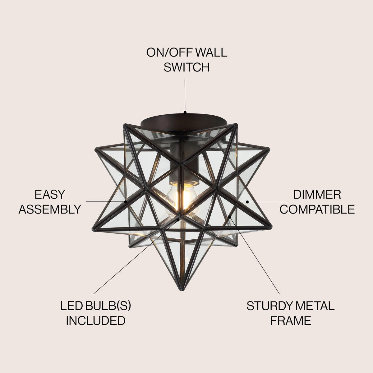 JONATHAN Y Stella 12in Moravian Star Flush Mount Light, Dimmable, Oil ...