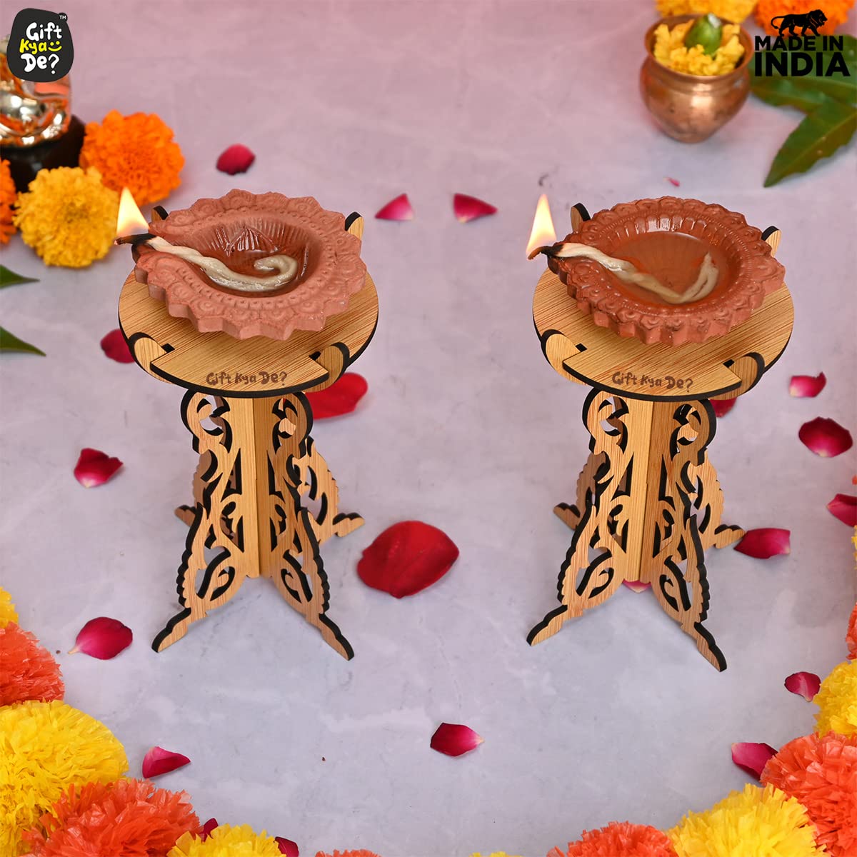 GKD Diya Stand Wooden Traditional Deepam Stand Hand Crafted Diya Set f ...