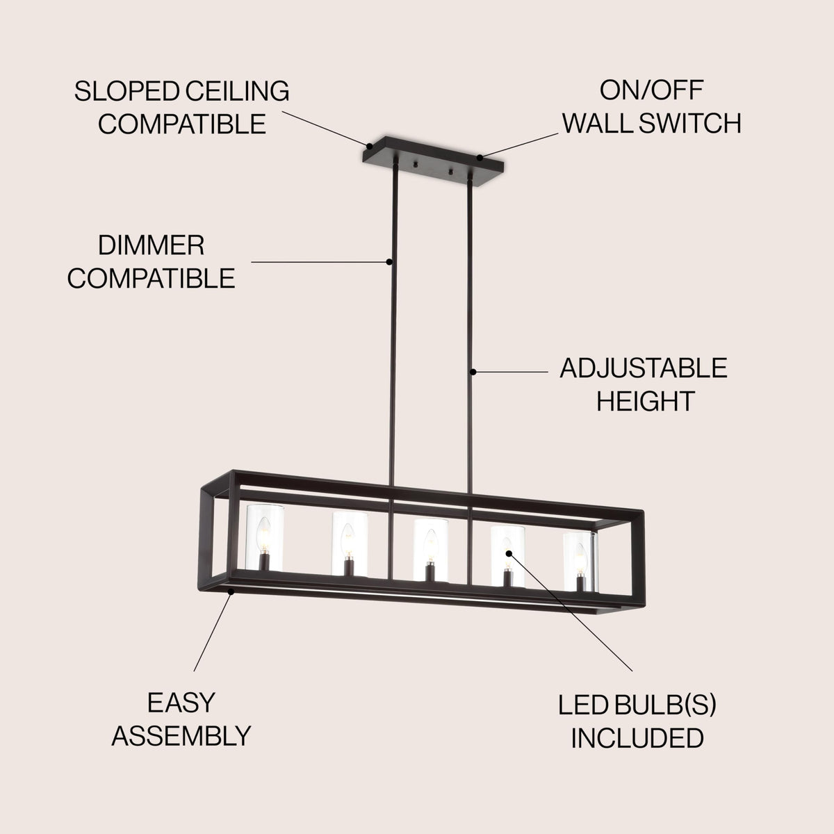 JONATHAN Y LED Pendant Light, 5-Bulb, Metal/Glass, Oil Rubbed Bronze/C ...