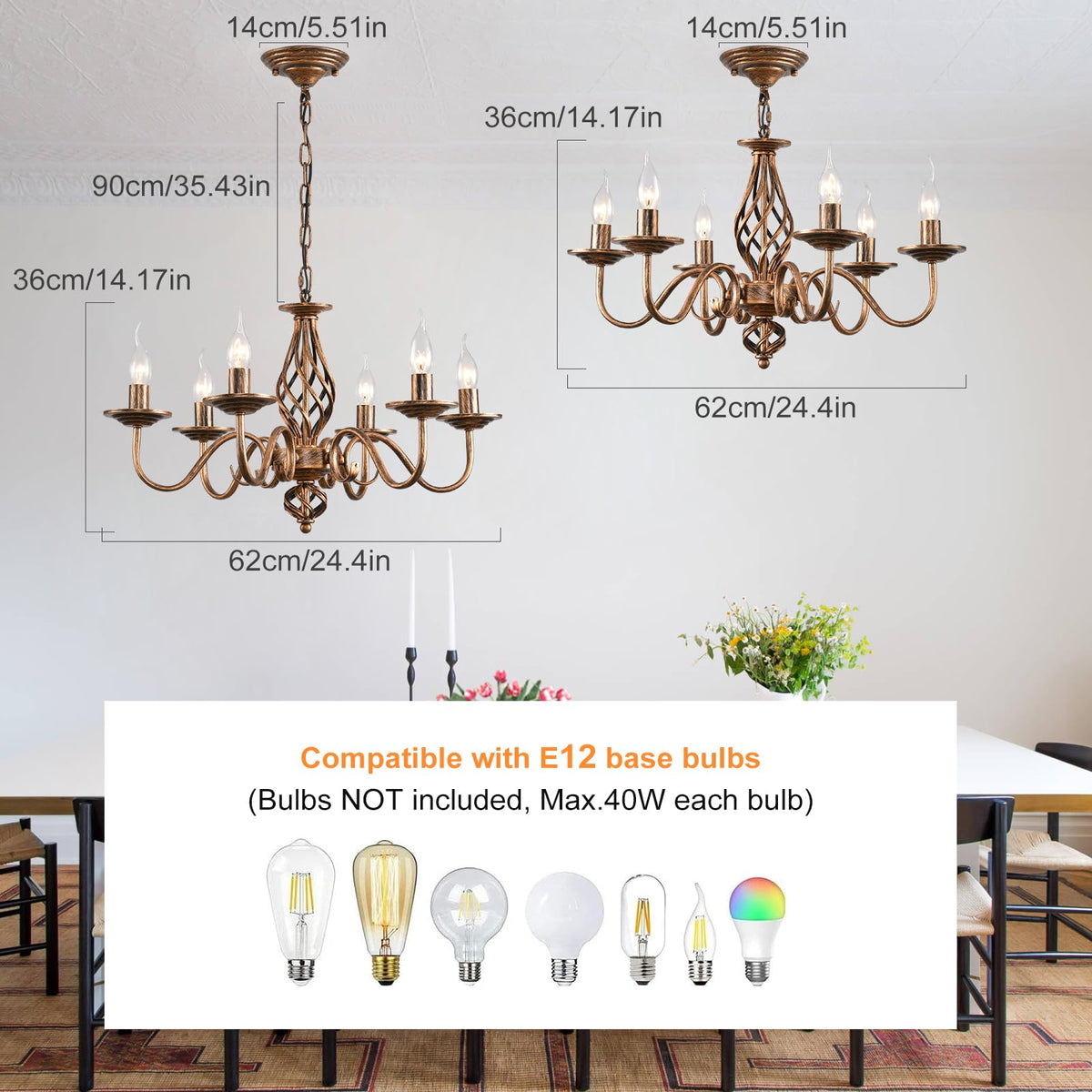 Ganeed French Country Chandeliers, 6 Lights Rustic Vintage Metal Penda ...
