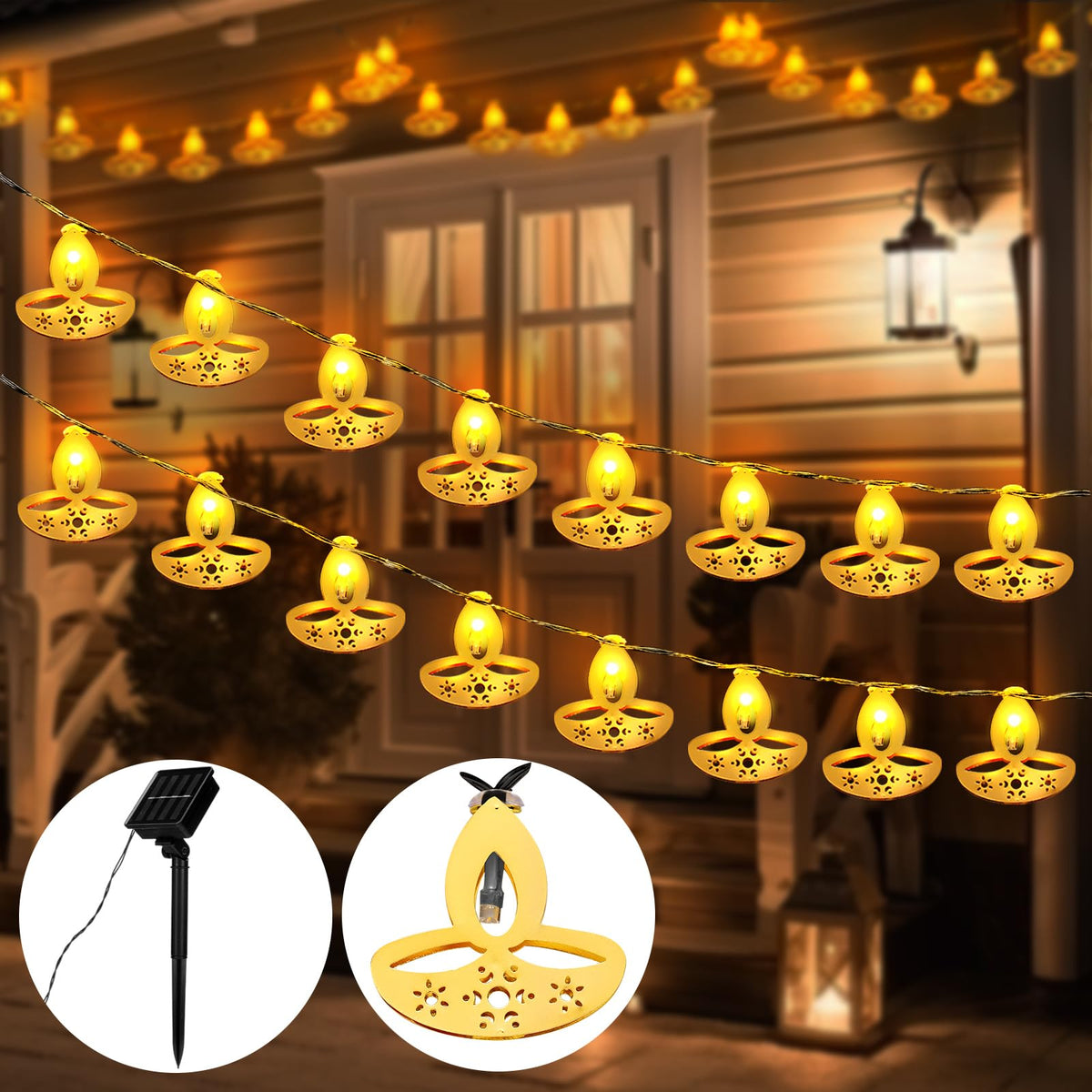 Rossesay 16.4 ft Solar Diwali String Lights 30 LED Diya Solar Lights I ...