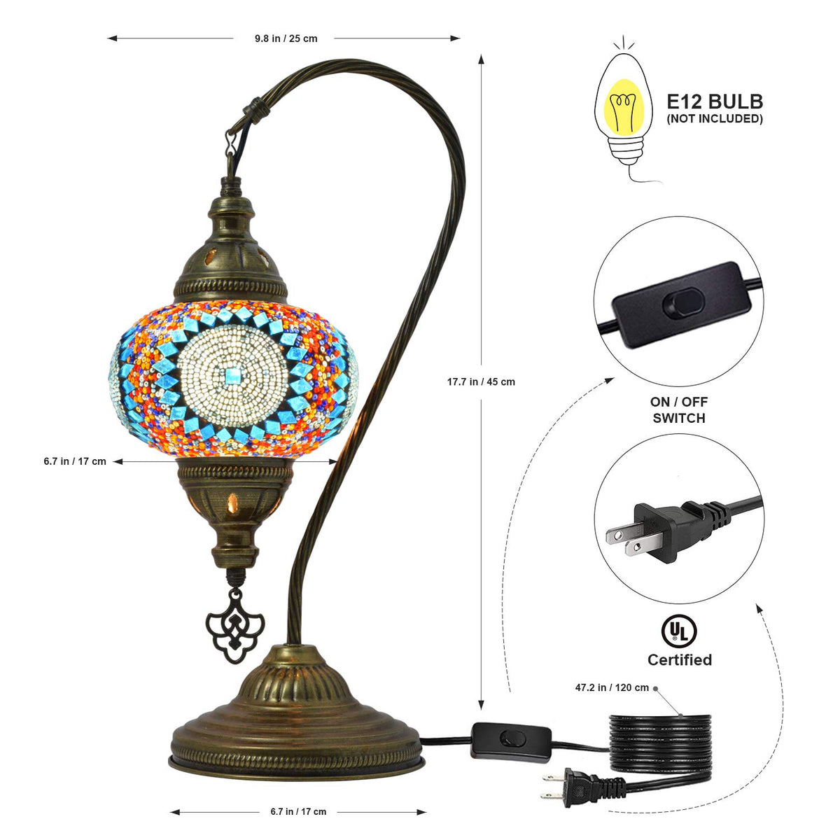 MOZAIST Turkish Table Lamp, Swan Neck Mosaic, Moroccan Decorative Glass ...