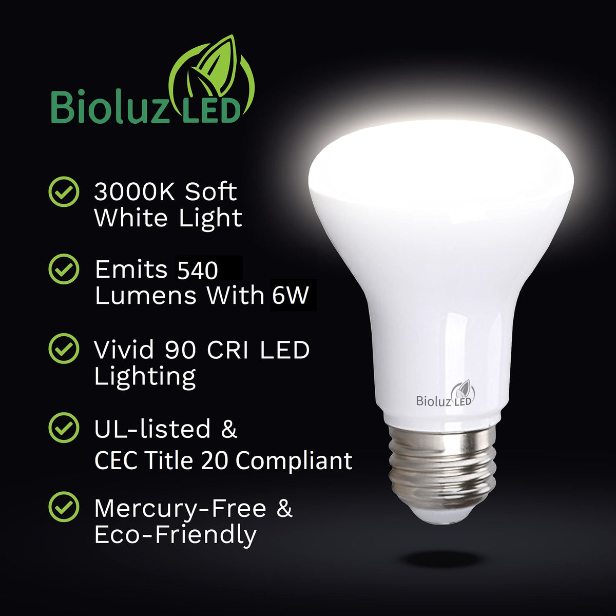 Bioluz LED BR20 Bulb 3000K Soft White 6W 50W Replacement 90 CRI 540 Lu ...