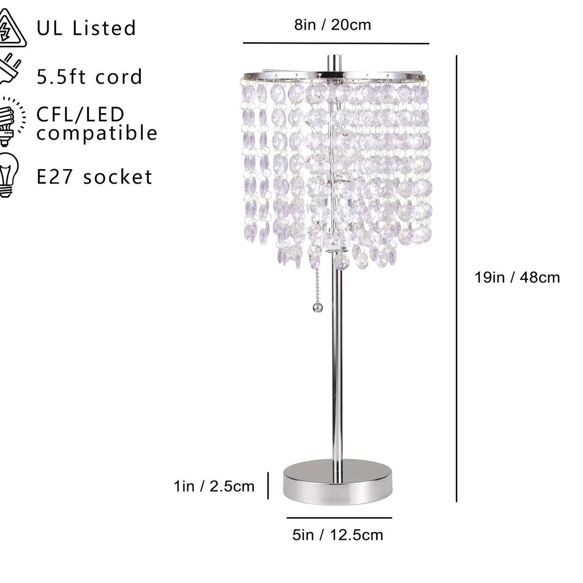 SH Lighting Crystal Inspired Table Desk Lamp - 19in Tall, Chrome, Meta ...