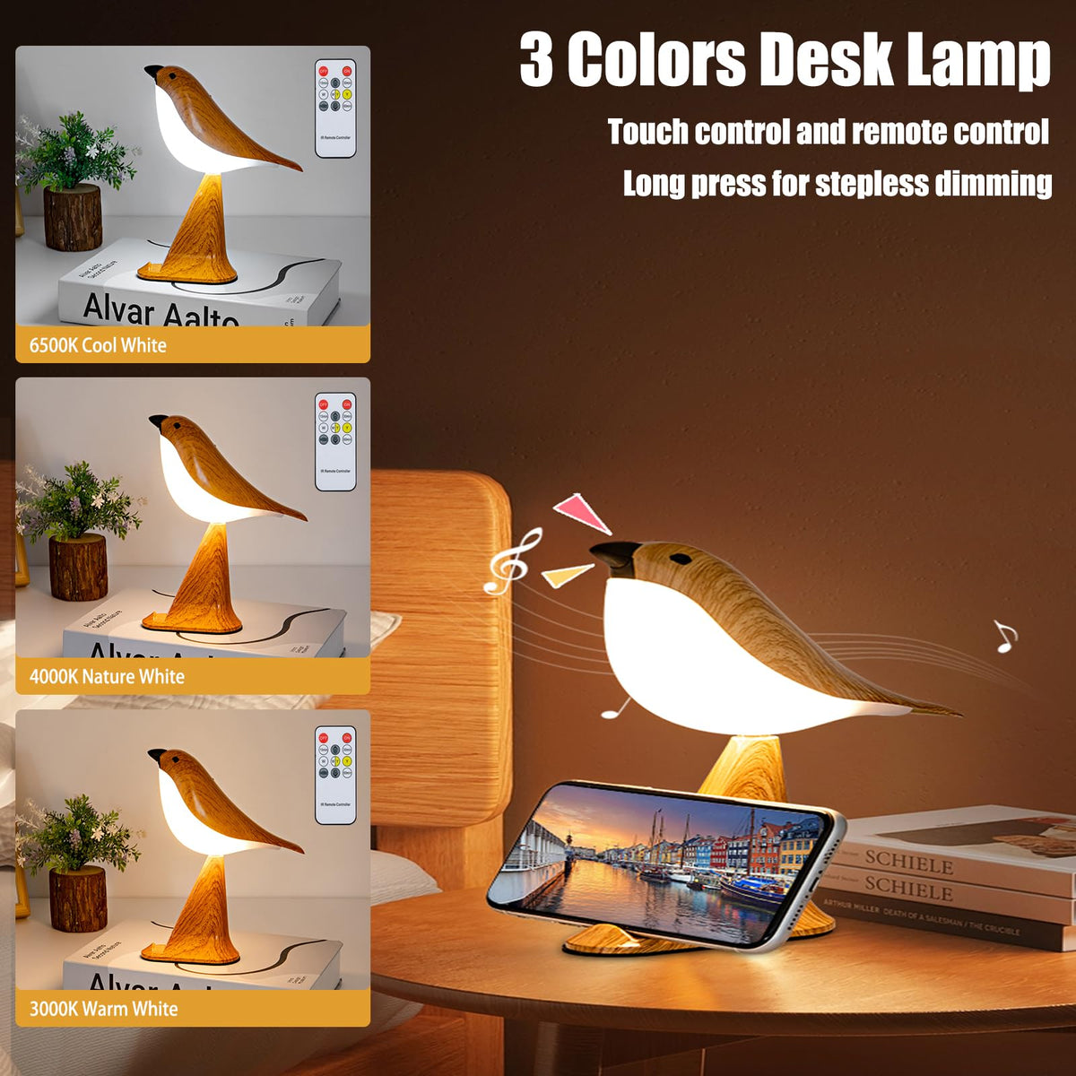THOEWONG Small Bird Desk Lamp - Rechargeable, 3 Color Temperatures, To ...
