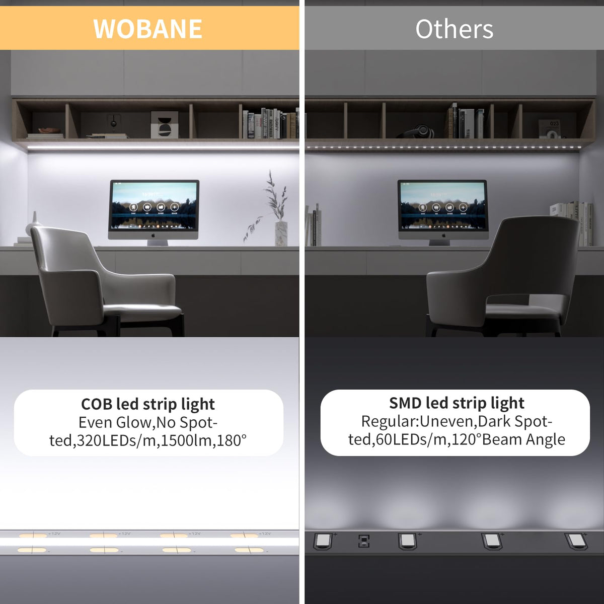 WOBANE White COB LED Strip Light with Remote Control,9.8ft White COB ...