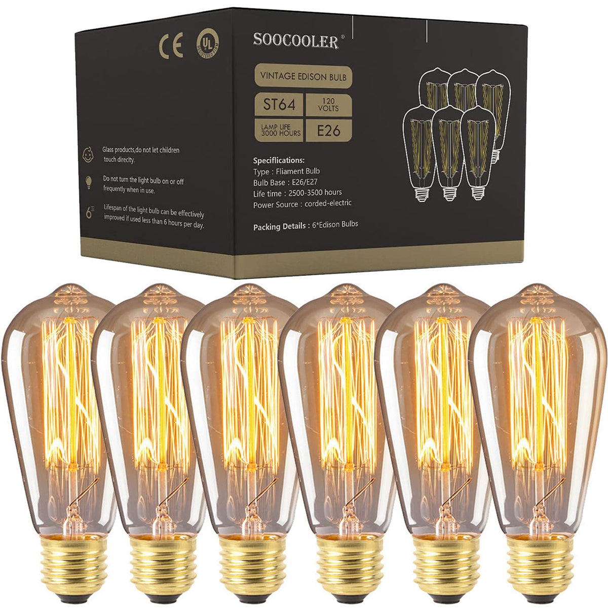 SooCooler Edison Light Bulbs 25W, Clear Glass Vintage Style, Warm Whit ...