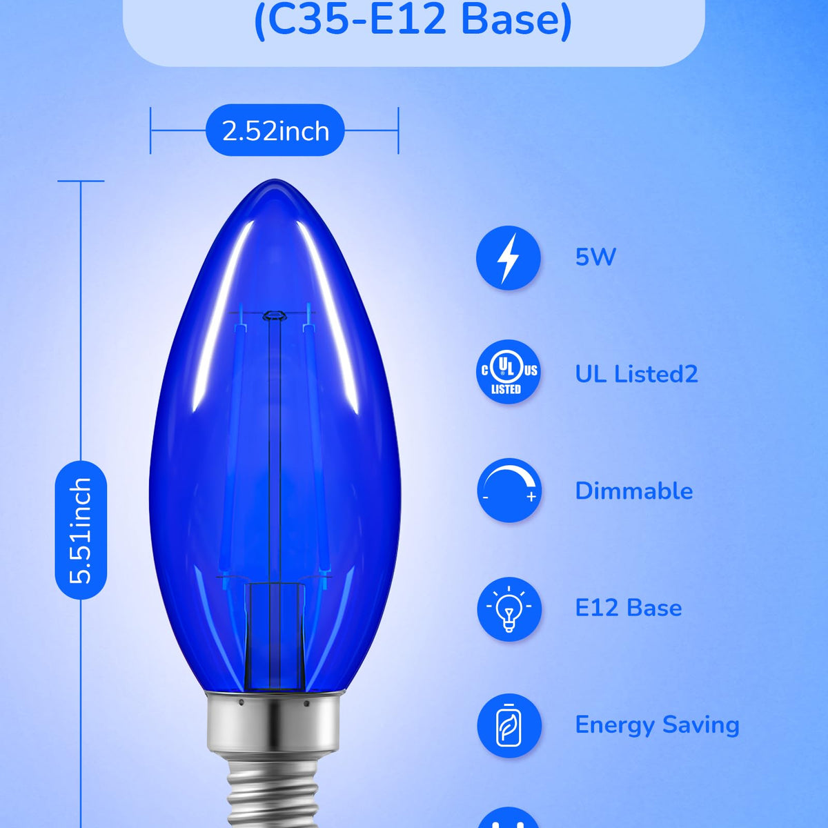 Edishine C35 Blue Dimmable Led Light Bulbs, 5W Equivalent 60W, Led Fil ...