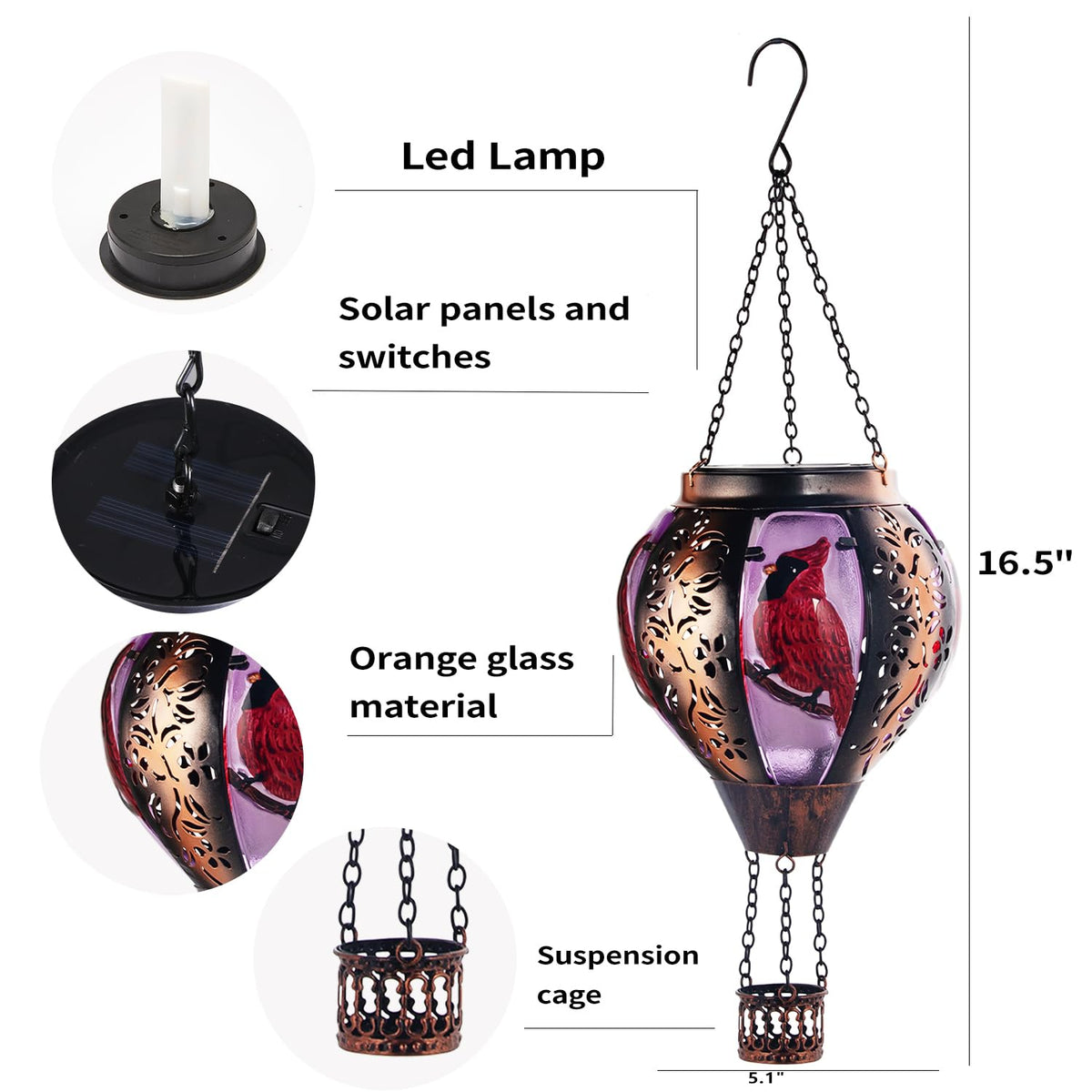 Hot Air Balloon Solar Lantern Cardinal Lights With Flickering Flame So ...