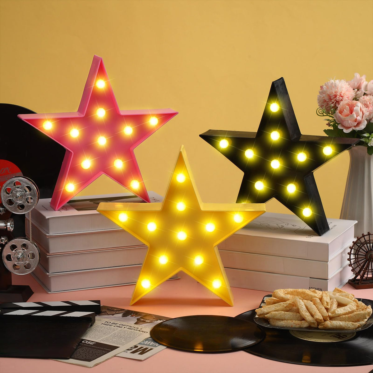 VIHOSE 3 Pcs Star Marquee Lights Movie Star Lights Battery Operated LED ...