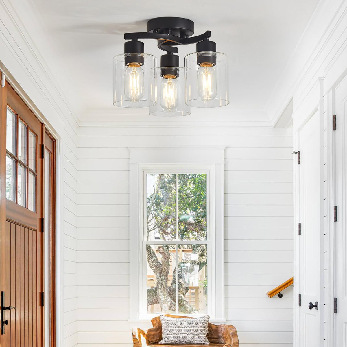 Eatich 3-Light Semi Flush Mount Ceiling Light, Matte Black Ceiling Lig ...