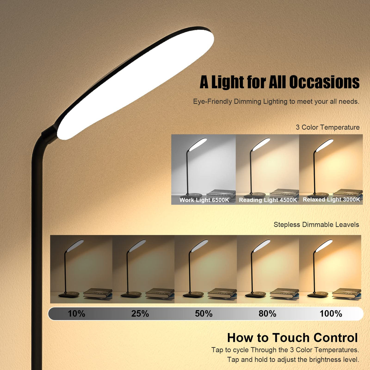 DEEPLITE LED Desk Lamp, 5W Touch Control, 3 Lighting Modes, Portable ...