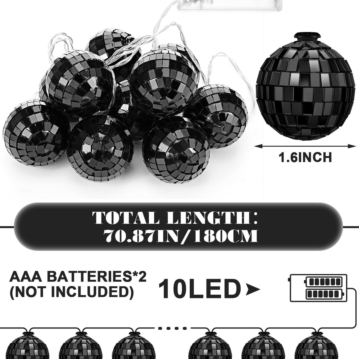 Bbto Led Disco Ball String Light Battery Powered Mirror Balls Ornament ...