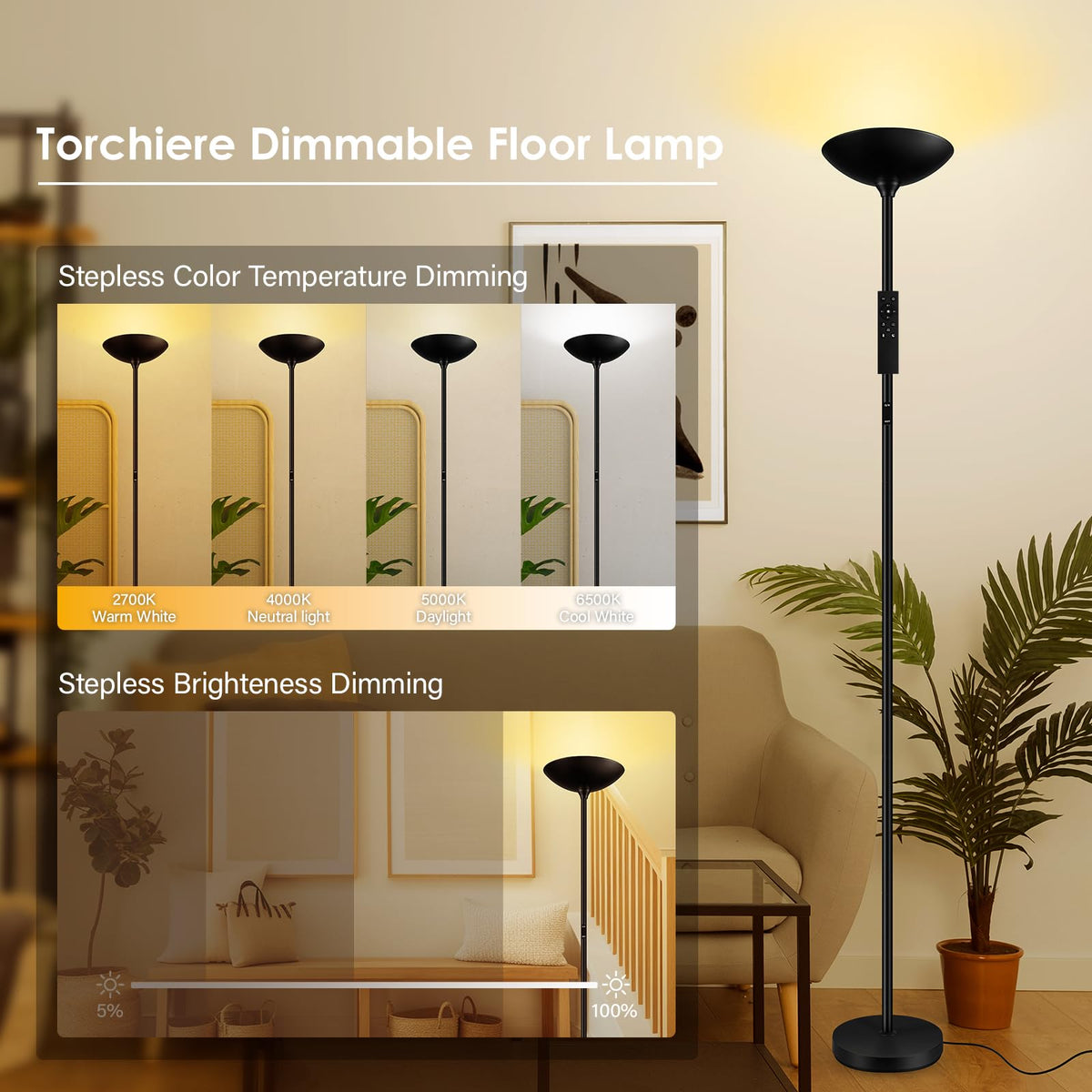 Stepless Dimmable Floor Lamp - 30W LED Torchiere with Remote & Touch ...