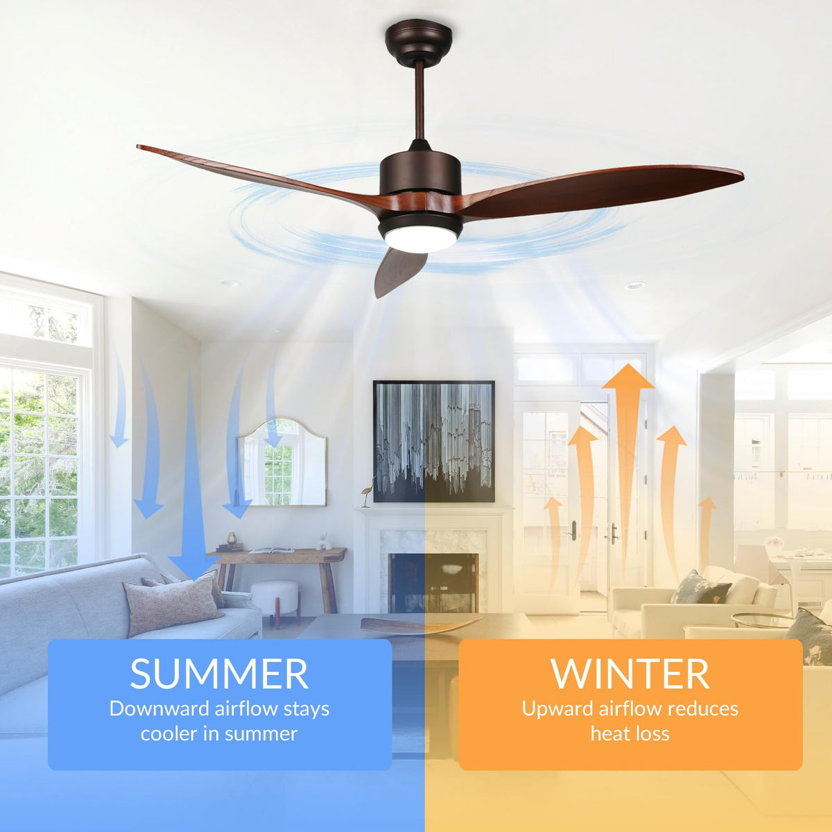 Reiga 52 Inch Smart Wood Ceiling Fan with Light, Remote Control, Quiet ...