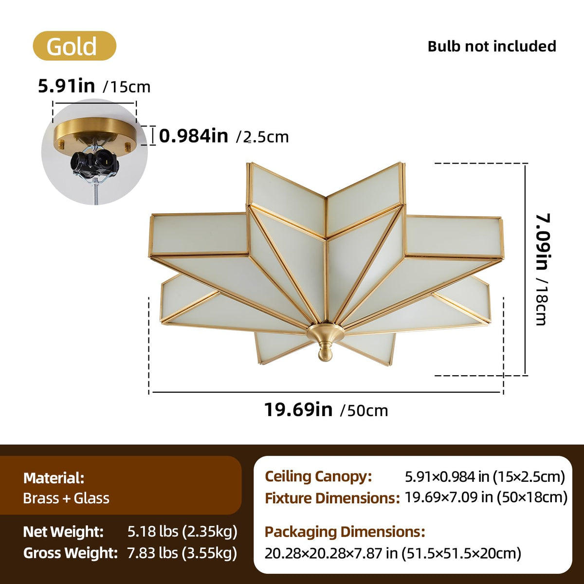 Mazu House Gold Star Flush Ceiling Light - 19.5" Brass & Frosted Glass ...