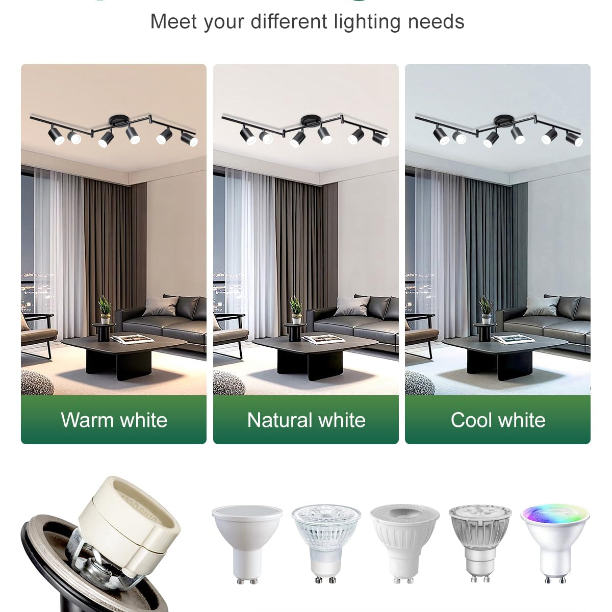 Fondiiz 6 Ways Track Lighting Kit - Rotatable Heads, Modern Black Ceil ...