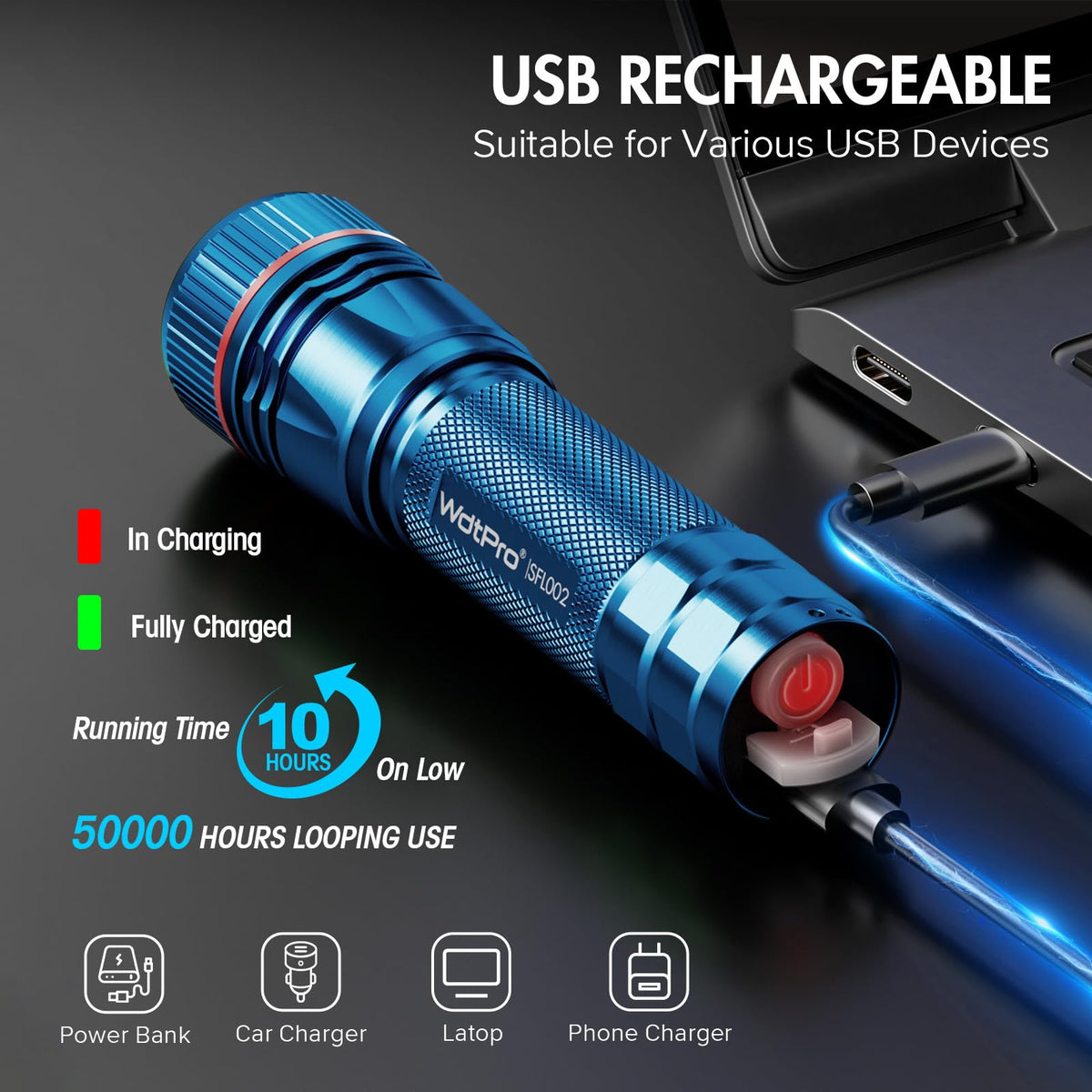 WdtPro Rechargeable LED Flashlight, High Lumens, 1 Pack, Aluminum, Blu ...