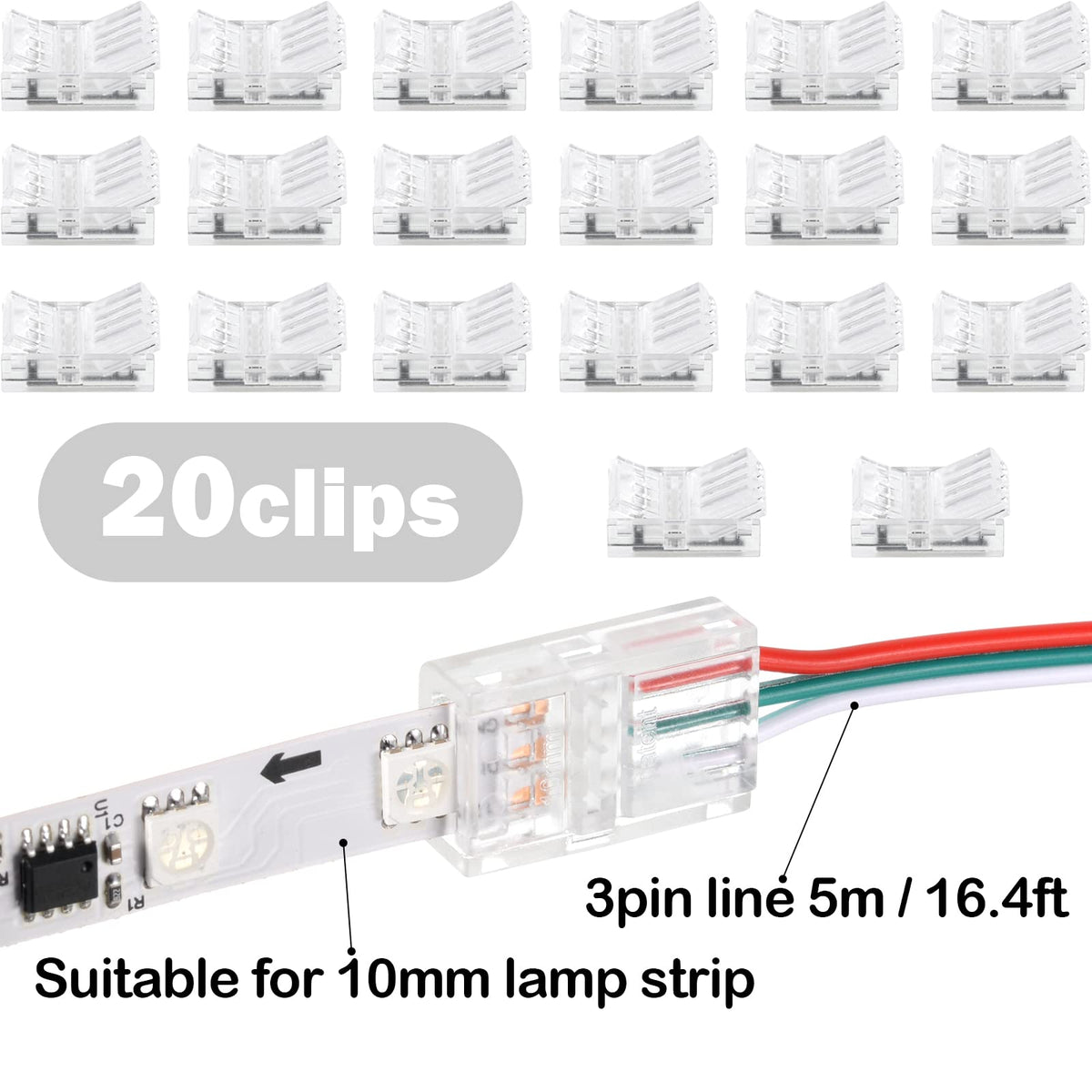 Flutesan 20 Pieces 3 Pin Led Light Connectors Strip To Wire Quick Conn ...