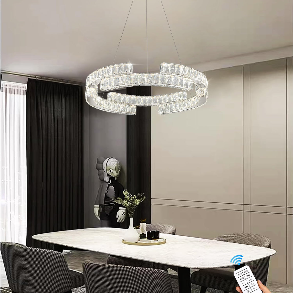 IDEQUY Crystal Chandelier Pendant Lighting, Dimmable LED, Silver, Ceil ...