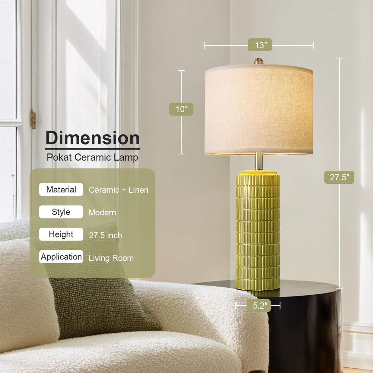 PoKat 27.5in Tall Ceramic Table Lamps Set of 2, Retro Vintage Green, M ...