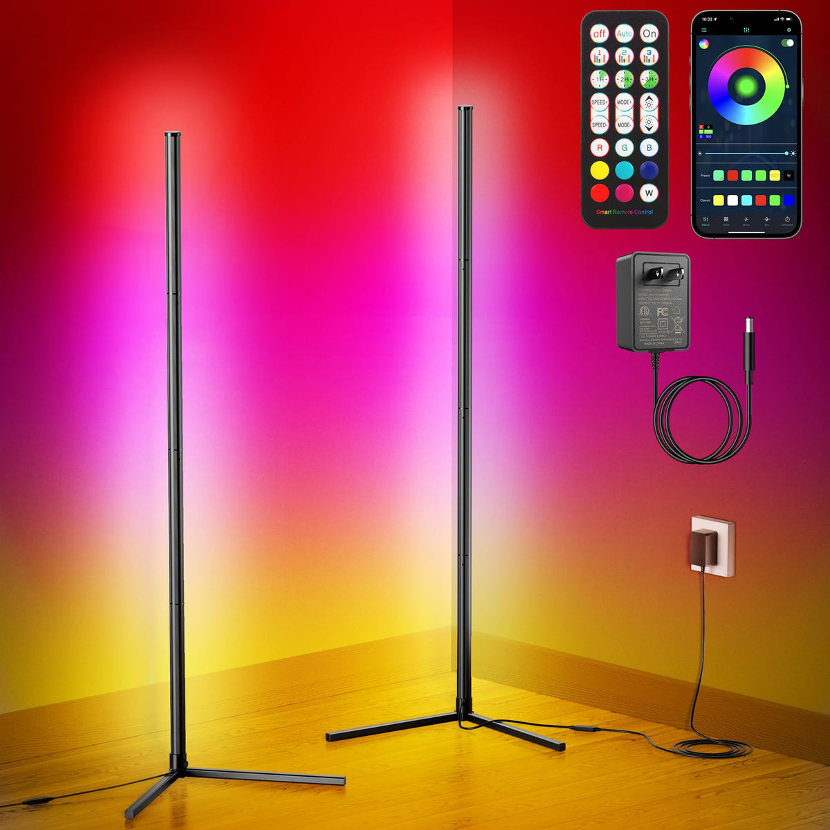 2Pack Corner Floor Lamp, Modern Led Corner Lamp With Ac Adapter & App ...