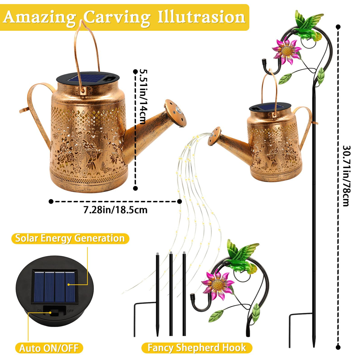 Solar Lanterns Outdoor Waterproof,Hummingbird Watering Can Garden Deco ...