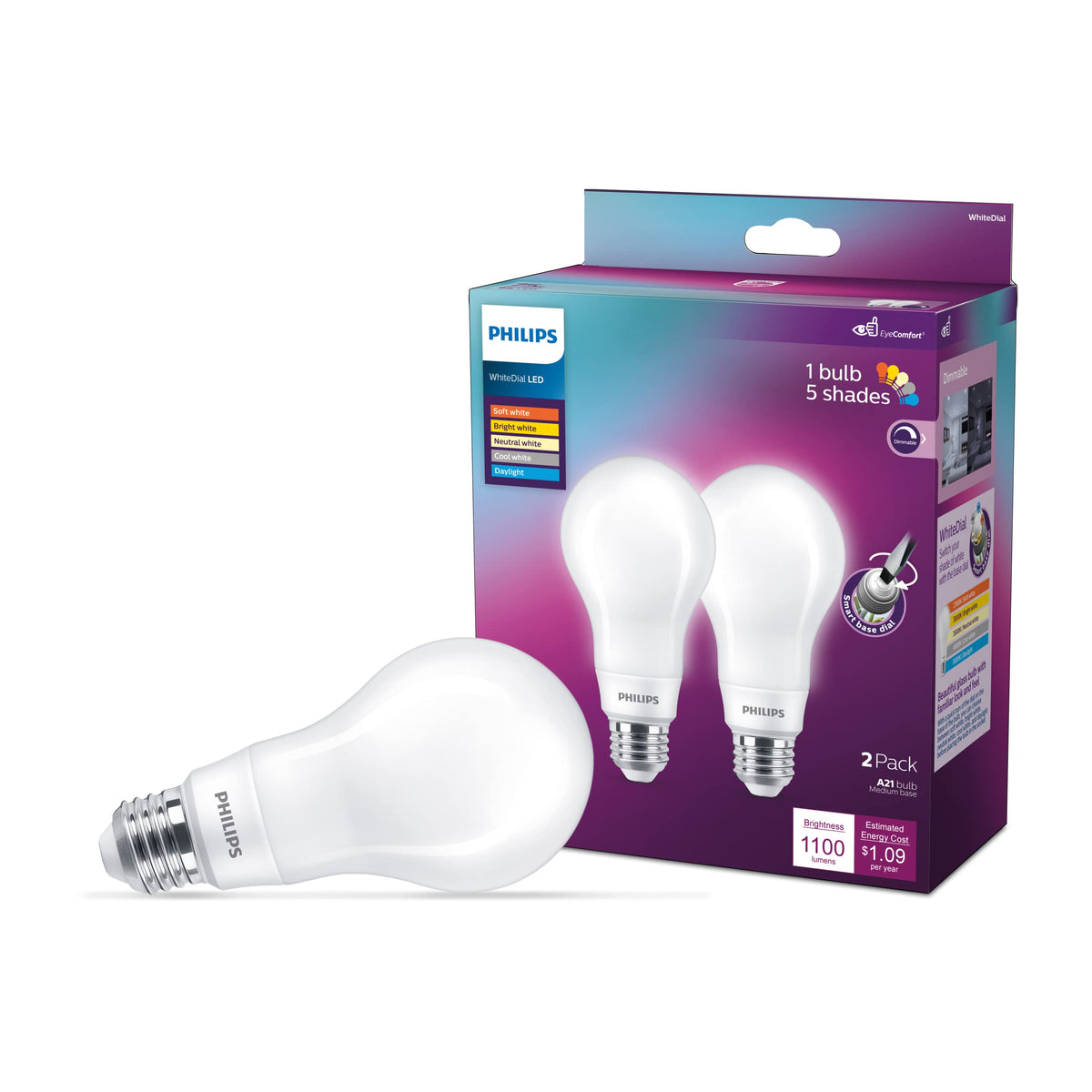 PHILIPS LED Dimmable A21 Light Bulb 12W=100W 1600 Lumen EyeComfort 2-P ...