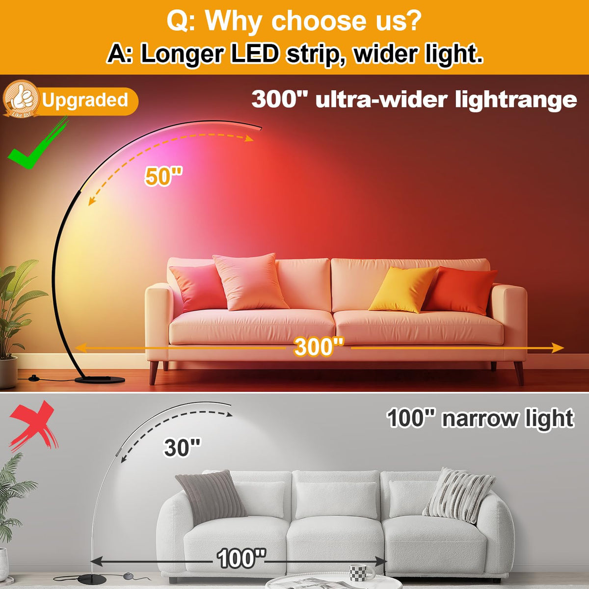 Torondo RGB Dimmable Arc Floor Lamp - 67" Matte Black-RGB, 1800LM, Rem ...