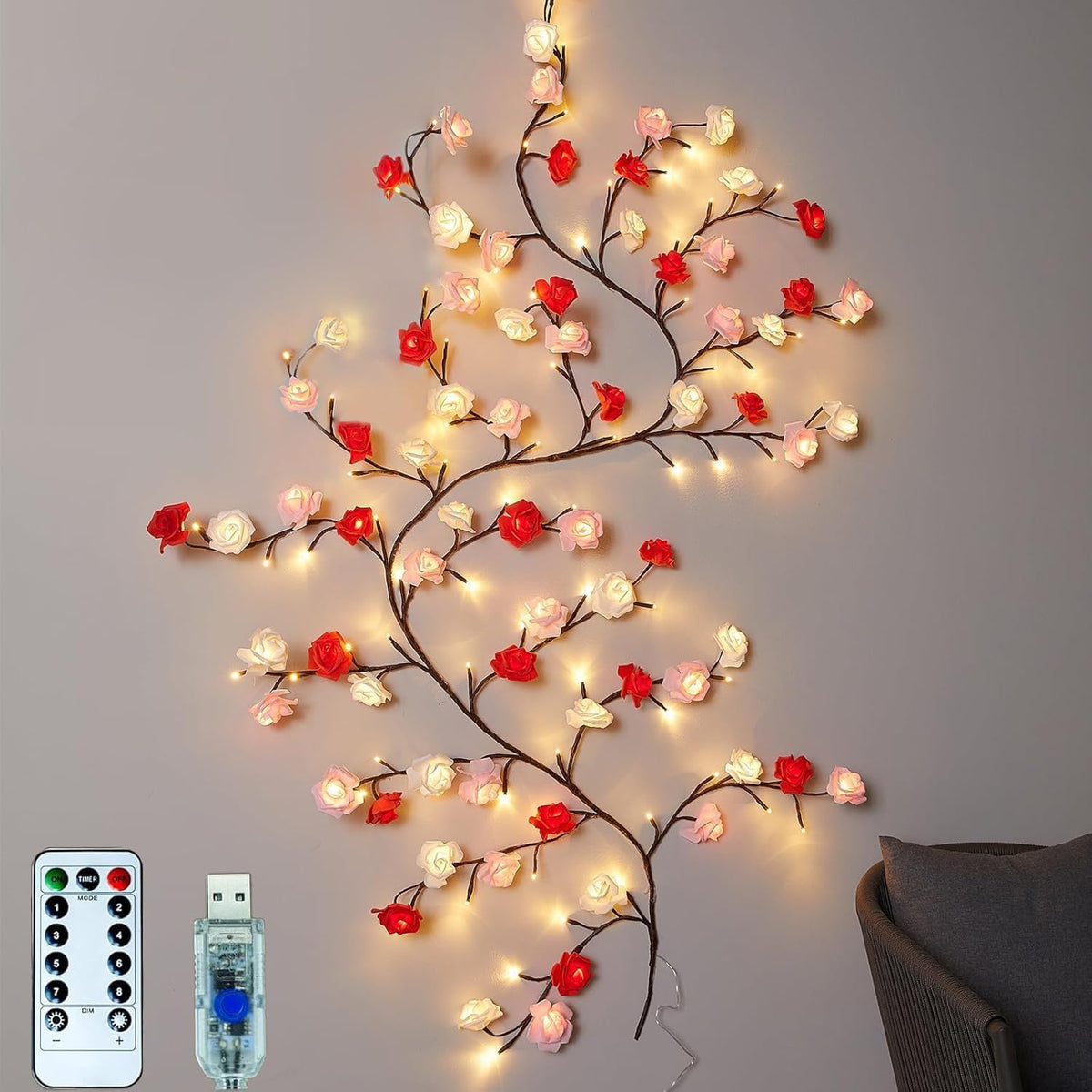 Rose LED Tree Branch Lights for Wall, Rose Flower Willow Vine Twig Dec ...