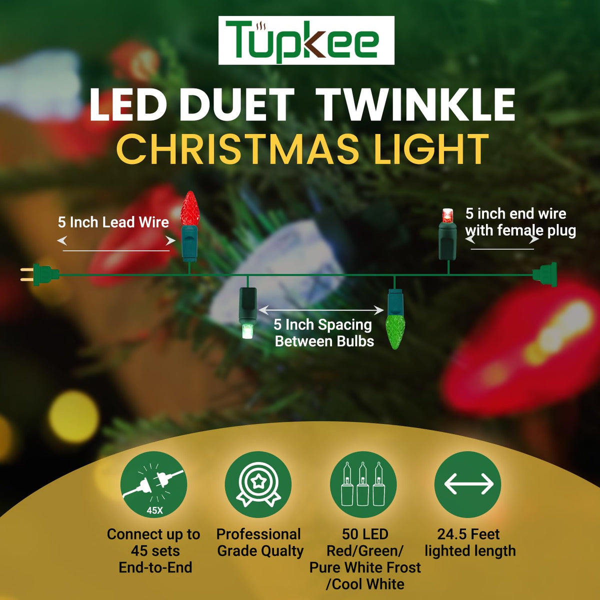 Tupkee Christmas LED Twinkling Lights, 50 Bulbs, 24.5 Feet, Indoor/Out ...
