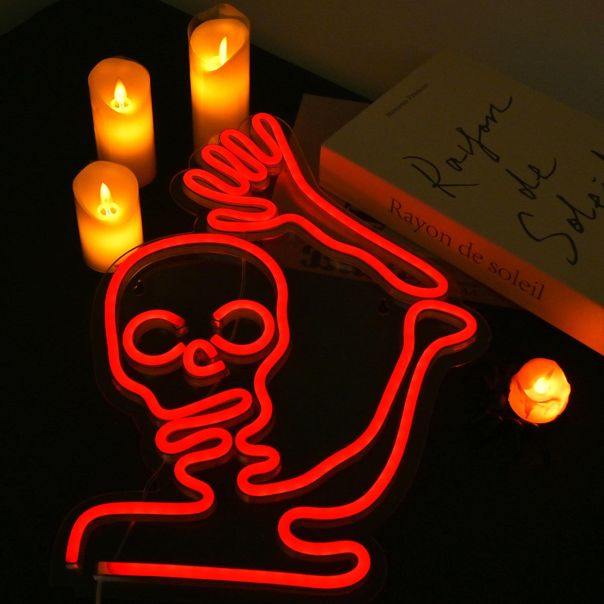 Faxfsign Skeleton Skull Neon Sign Red Halloween Waving Ghost Led Light ...