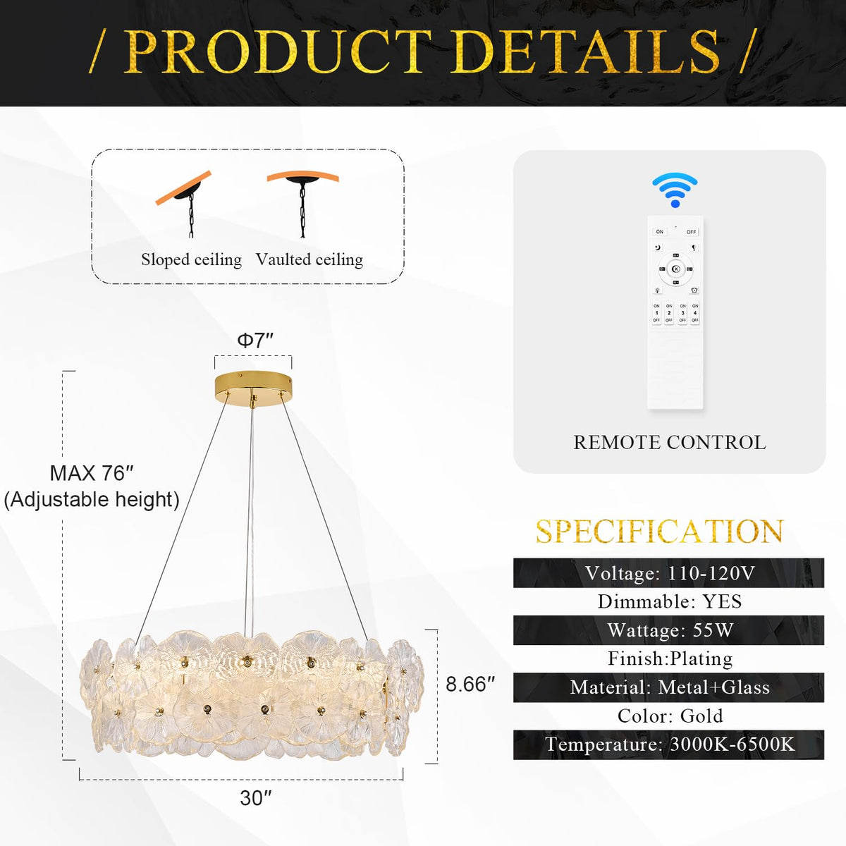 Poemoon 30" Luxury Glass LED Chandelier, Gold-Lotus, Dimmable 3000-650 ...