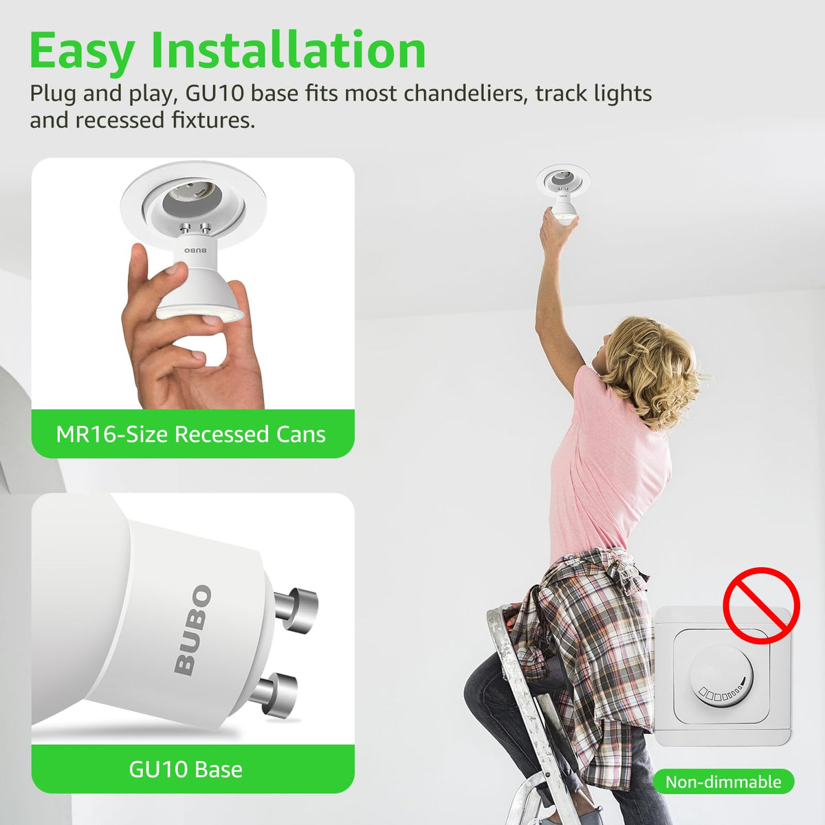 BUBO GU10 LED Bulb 6W Equivalent 50W, 3000K Warm White, Non-Dimmable ...