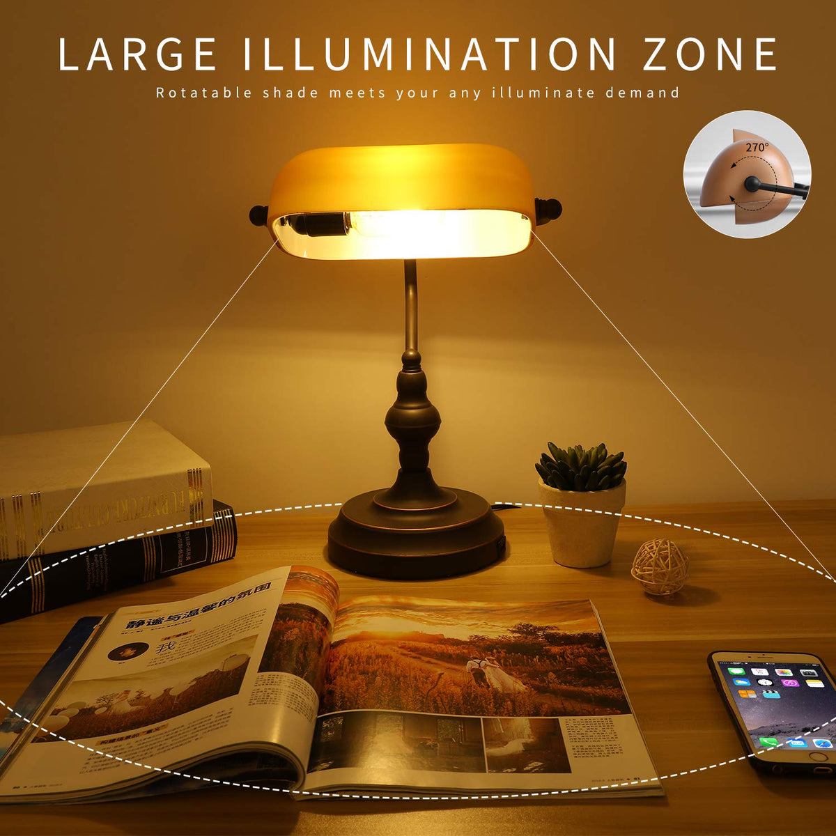 Liylan Bank Desk Lamp Touch Control, Vintage Bankers Lamps With Usb Po ...