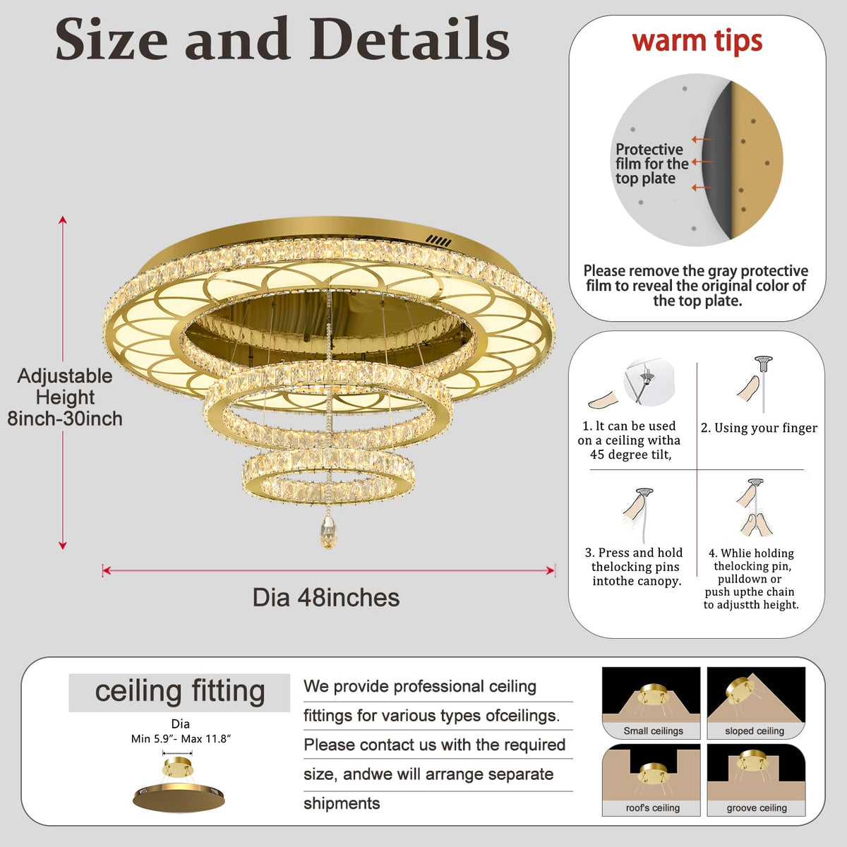 Flashing God Dia 48'' Large Chandelier Crystal Gold Ceiling Light ...
