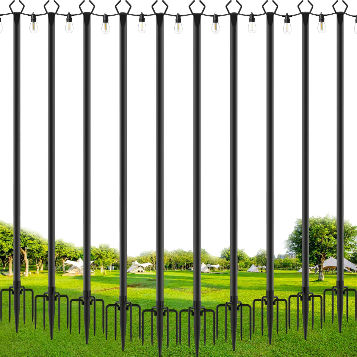 SINLEY String Light Poles, 10 Ft Metal Poles with Fork, 10 Pack, Black ...