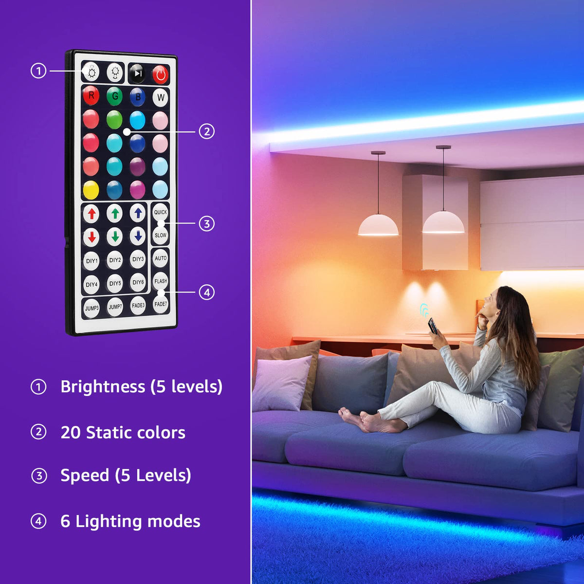 Lepro LED Strip Lights, RGB 5050 Color Changing Tape Light, 16.4 ft wi ...