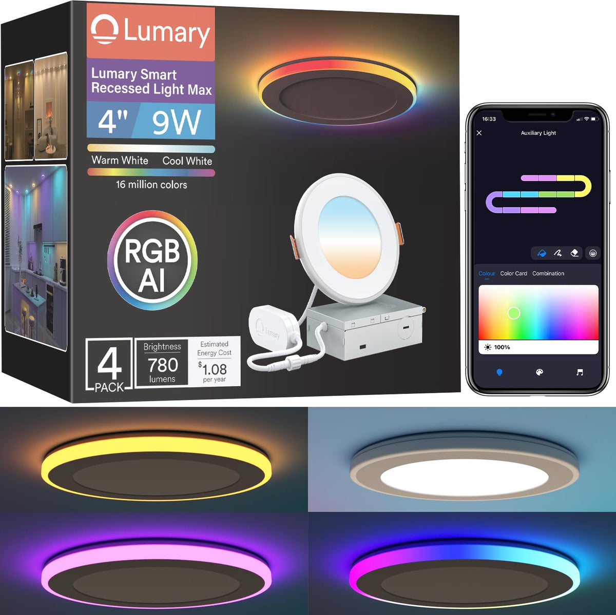 Lumary RGBAI Smart Recessed Lighting 4 Inch, 9W 780LM, WiFi Downlight ...