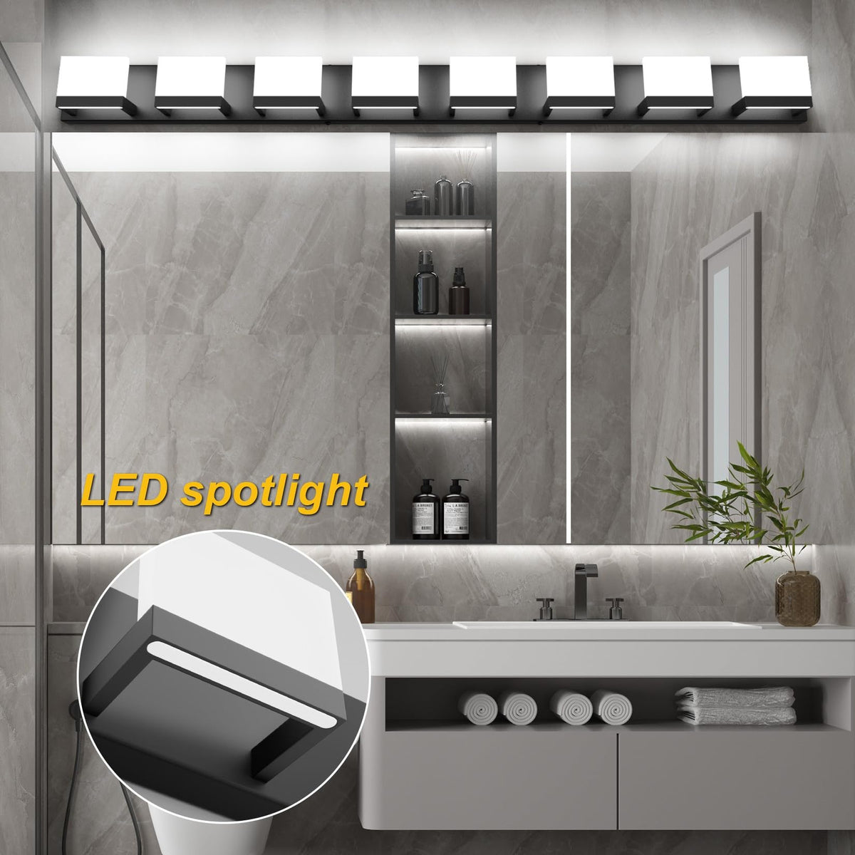 Tipace 8 Lights Modern LED Vanity Light, Matte Black, GW-1103, Up and ...