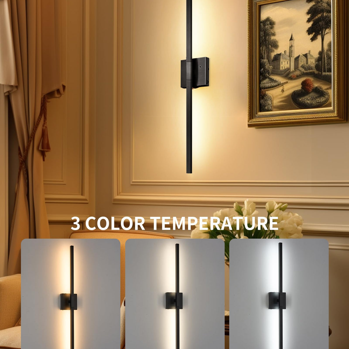 Rayogale 8000mAh Dimmable Wall Sconce Set of 2, 24 Inch Black LED Ligh ...