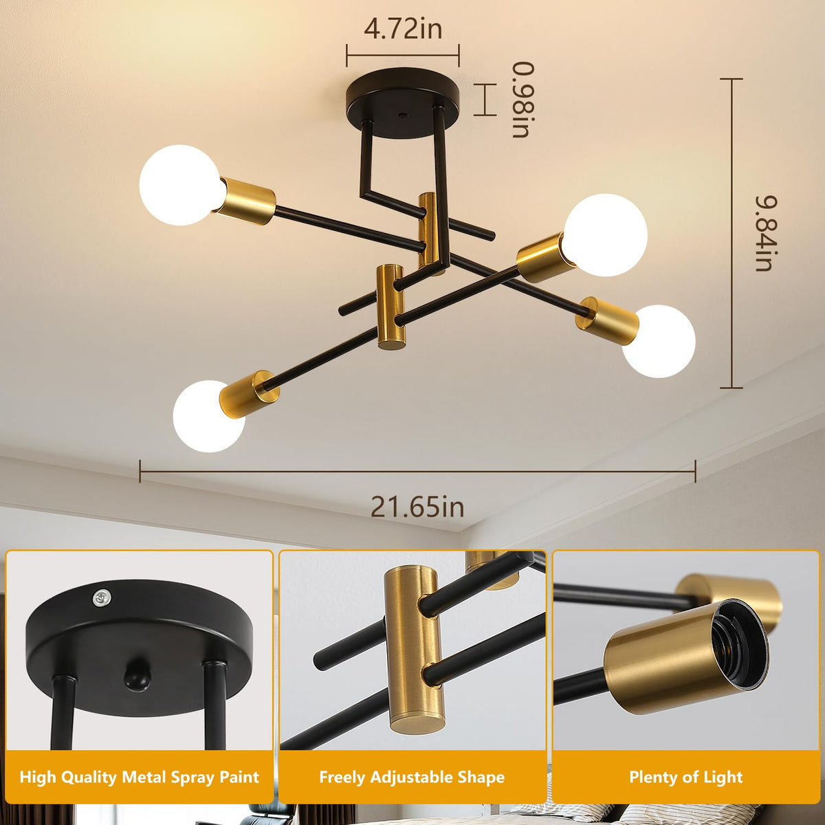 Delipop Sputnik Light Fixture, 4 Light Black And Gold Modern Sputnik C ...