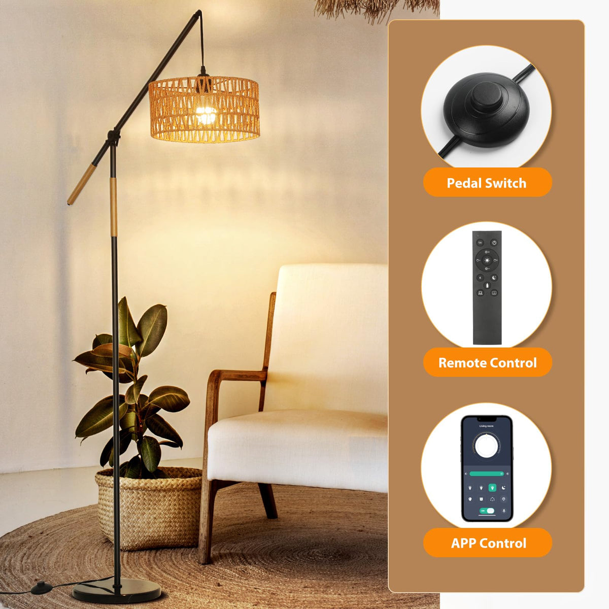 CASENKE Arc Boho Floor Lamp: 68 Rattan Tall Lamps with Remote and APP ...