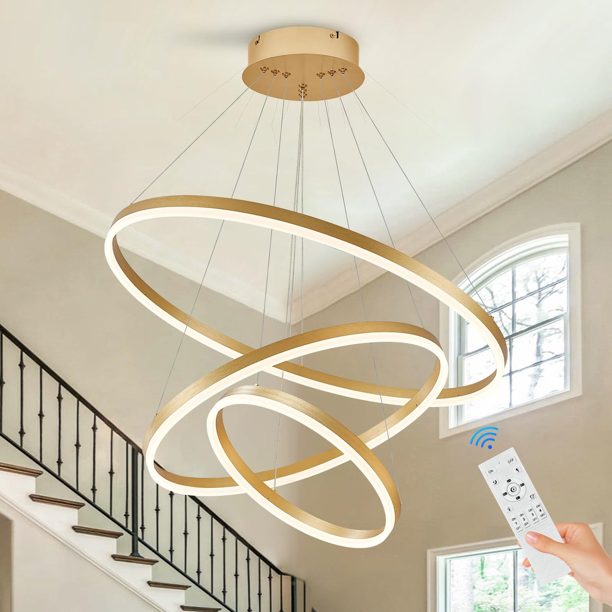 Sparklelf 3-Rings LED Chandelier, Dimmable Pendant Light, 31.5in Gold ...