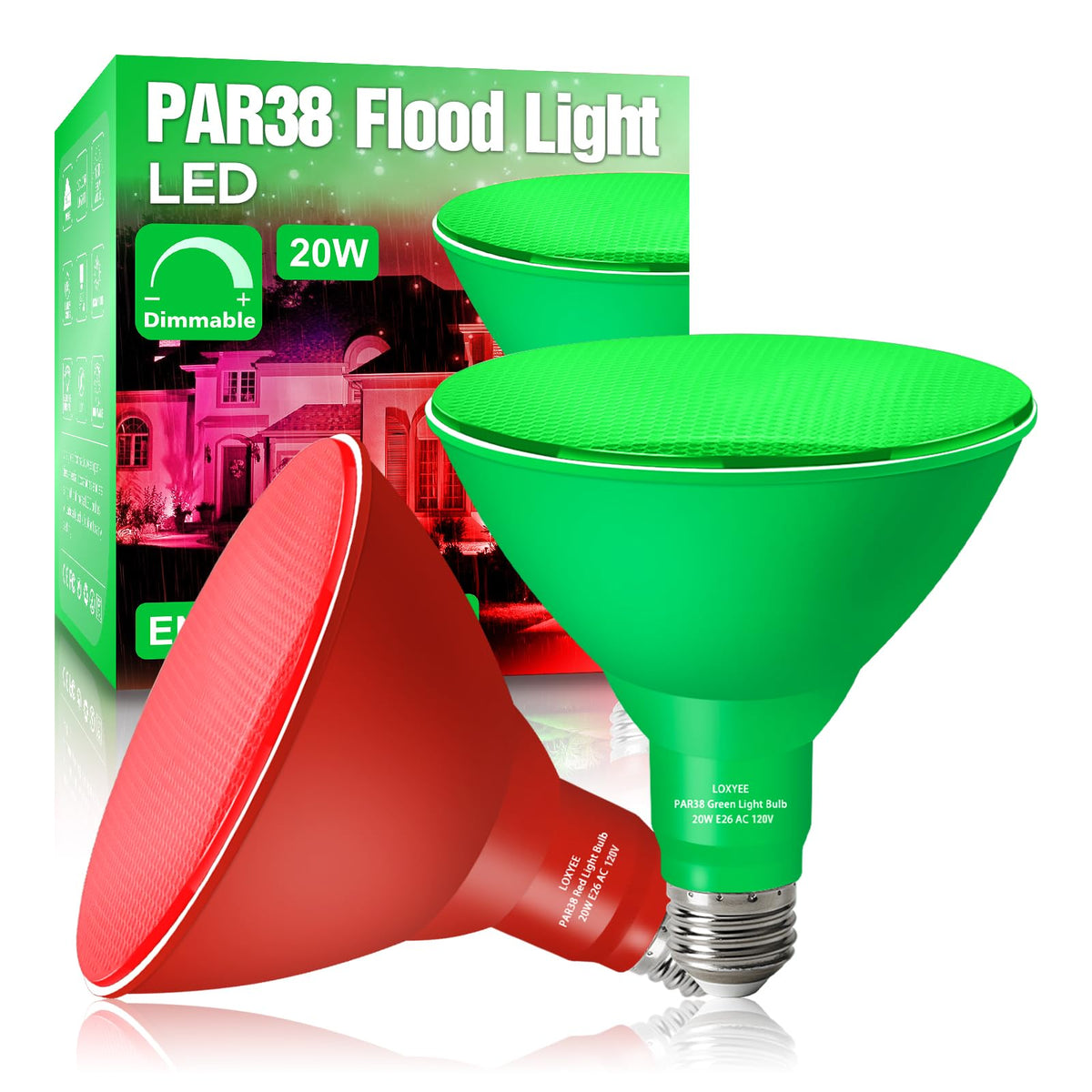 Loxyee Par38 Flood Red Green Light Bulb 2 Pack-Dimmable E26 Base Flood ...