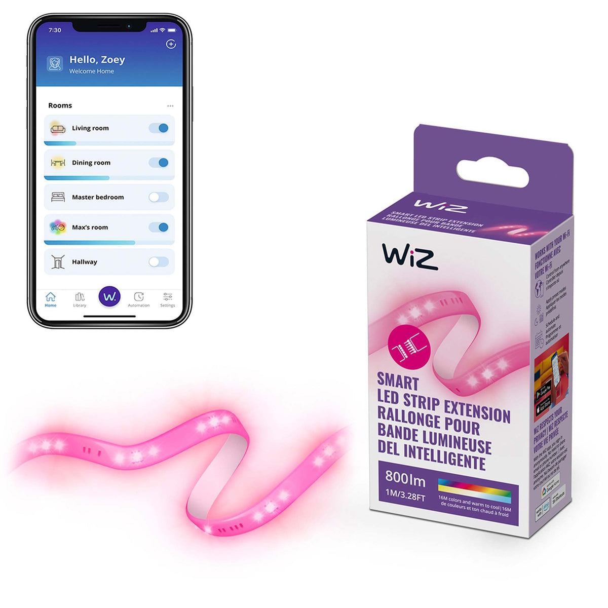 WiZ 3FT RGB Wi-Fi LED Smart Color Changing Light Strip Extension ...