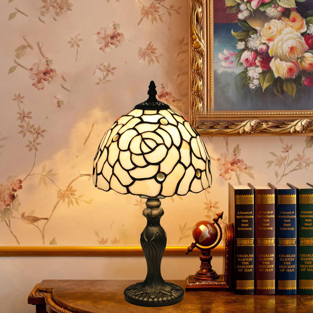 Tuomoxte Tiffany Style Small Table Lamp, 8X8X14.5 Inch Rose Stained Gl ...