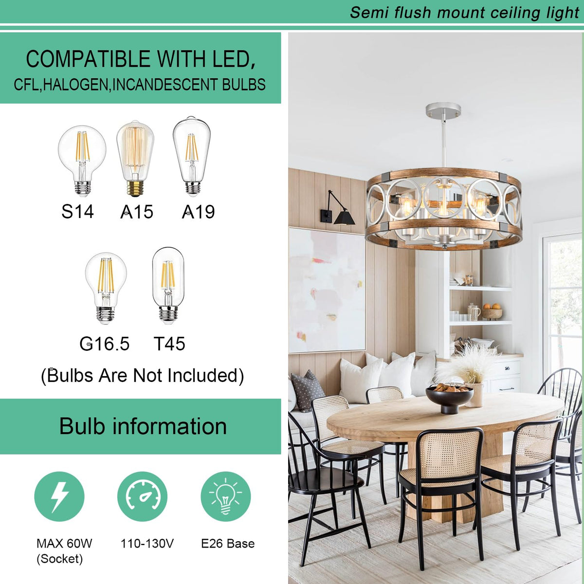 Shiandar Semi Flush Mount Ceiling Light Fixture Ceiling Mount 6-Light ...