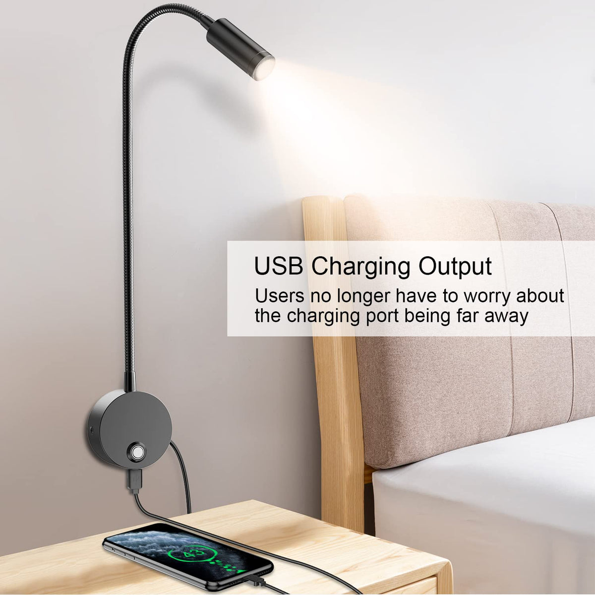 ERAY LED Wall Mount Reading Light, 15in Gooseneck, Dimmable, USB Charg ...