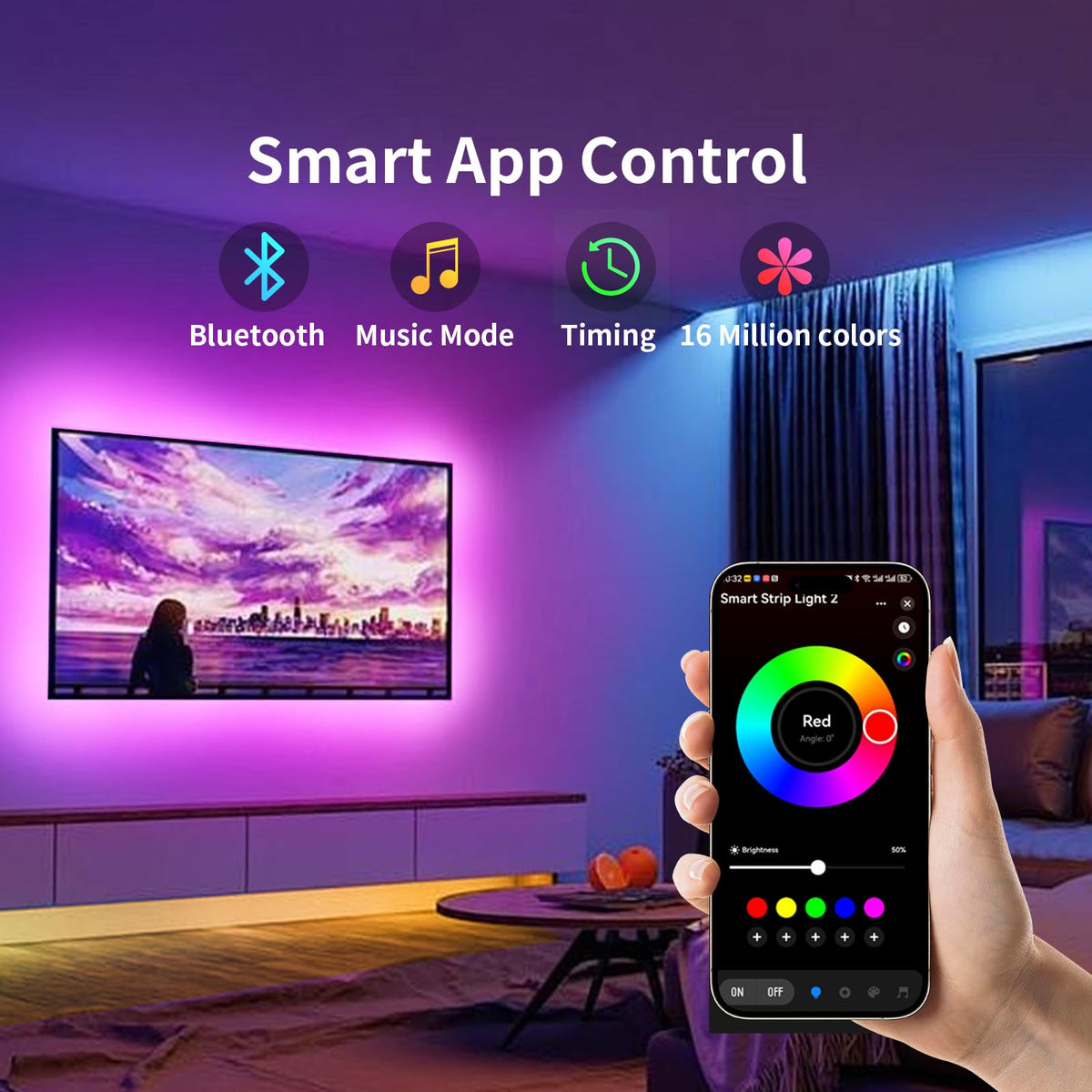 KSIPZE LED Strip Lights 150ft RGB Music Sync Bluetooth App Control (2 ...